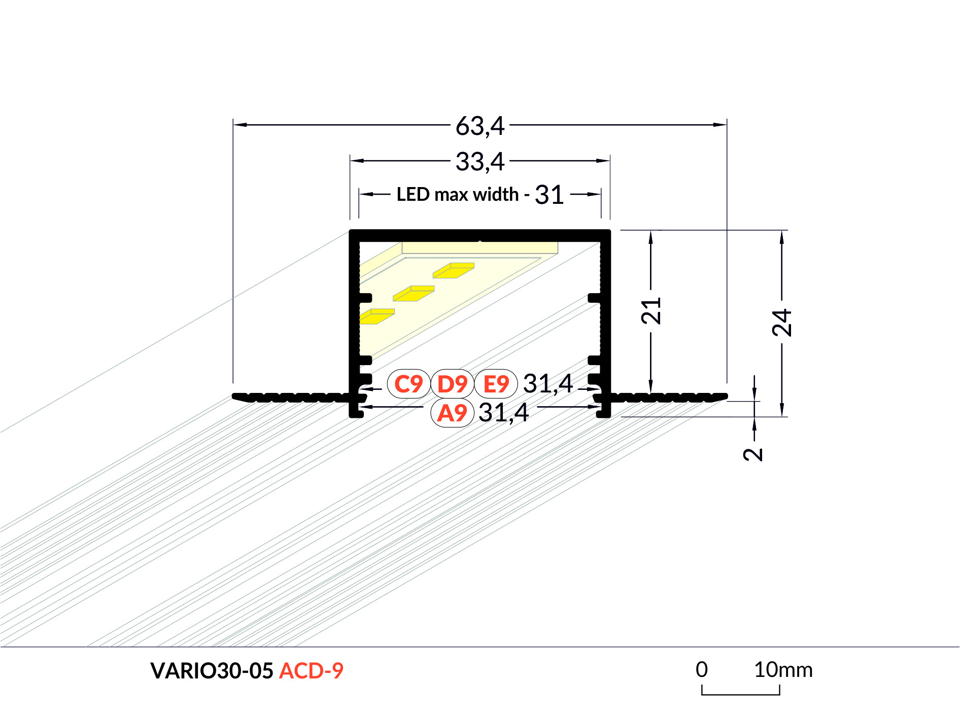 LED PROFILIS VARIO30-05 ACDE-9 PRIGLAISTOMAS, 2M, ANODUOTAS ALIUMINIS ...
