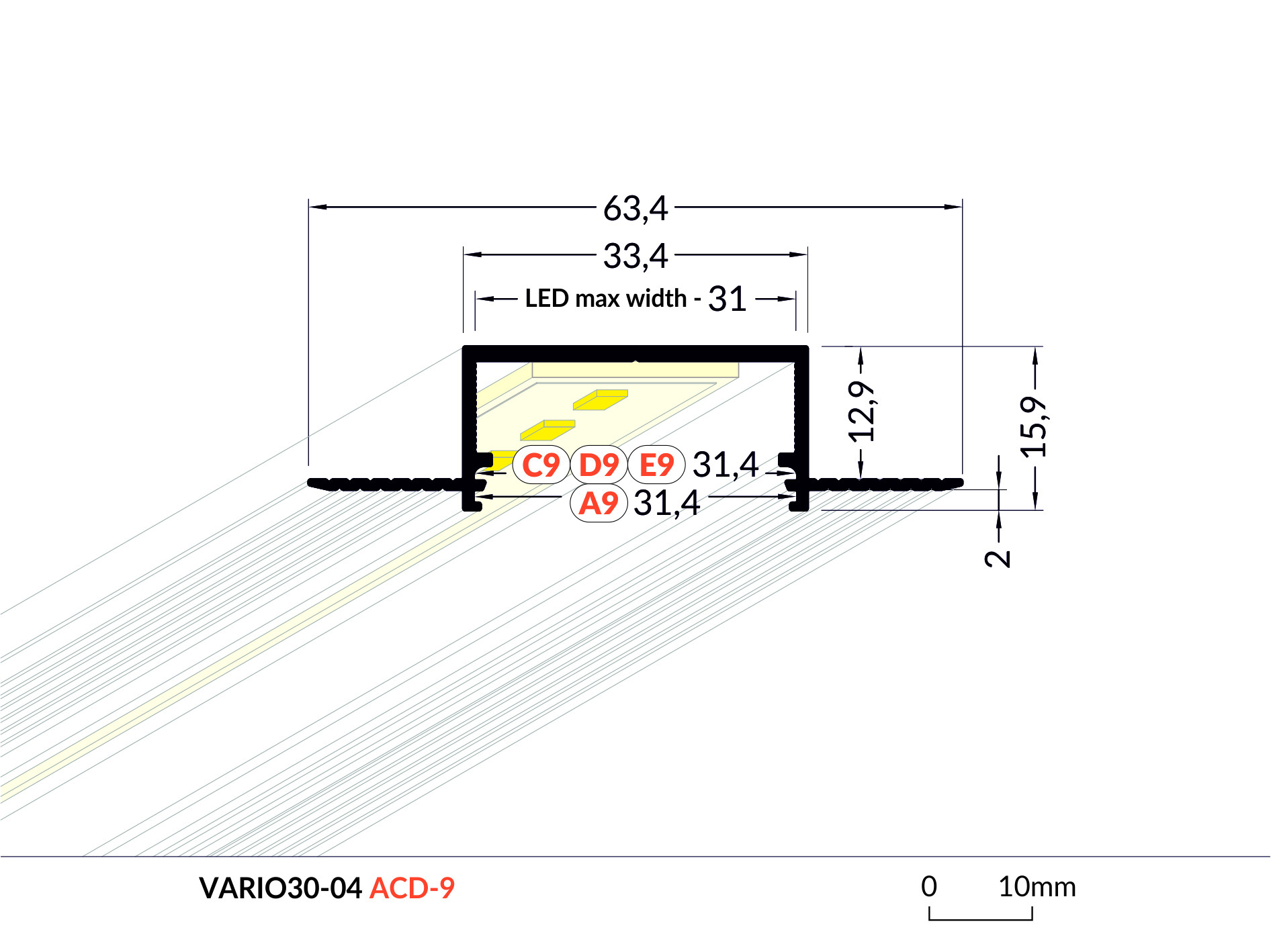 LED PROFILIS TOPMET VARIO30-04 ACDE-9 PRIGLAISTOMAS, 2M, ALIUMINIS V3140000