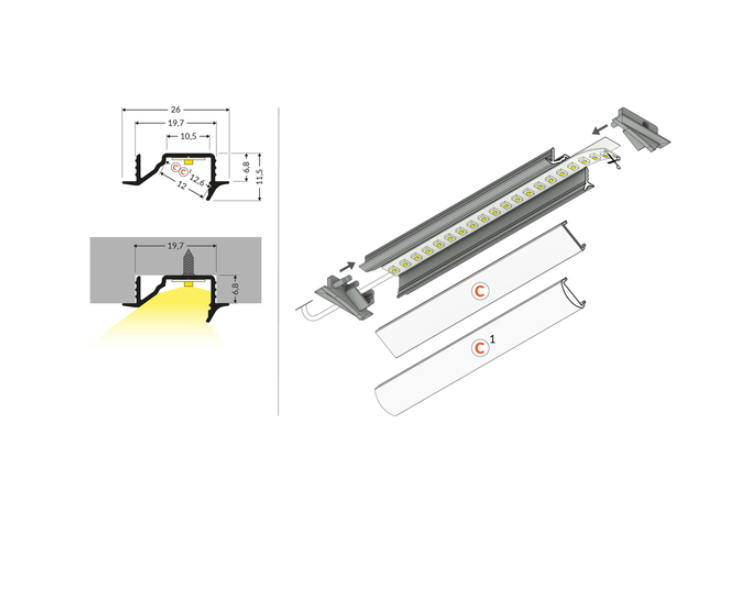 LED PROFILIS TOPMET DIAGONAL10 C ĮLEIDŽIAMAS, 2M, ANODUOTAS ALIUMINIS ...